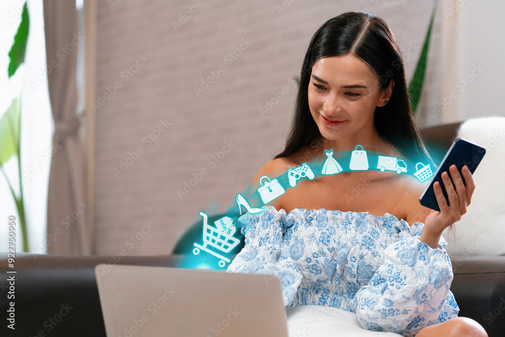 Elegant customer wearing blue dress controlling device choosing online ...