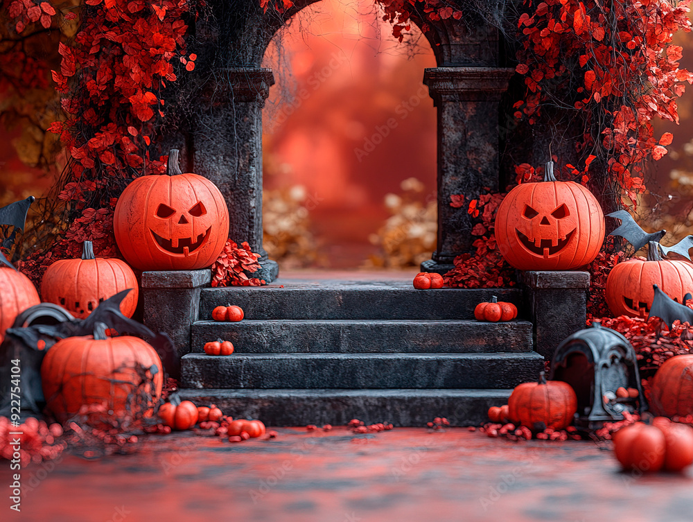 Central empty 3D podium with Jack-o'-lanterns on either side, framed by ...