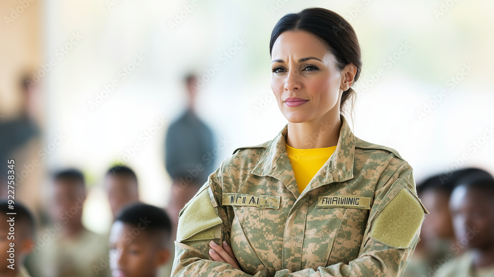 A female military officer in uniform mentoring young recruits in a ...
