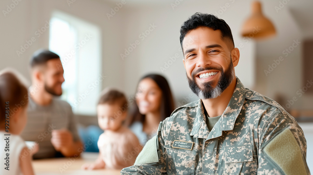 Confident military veteran in uniform, interacting with his family in a ...