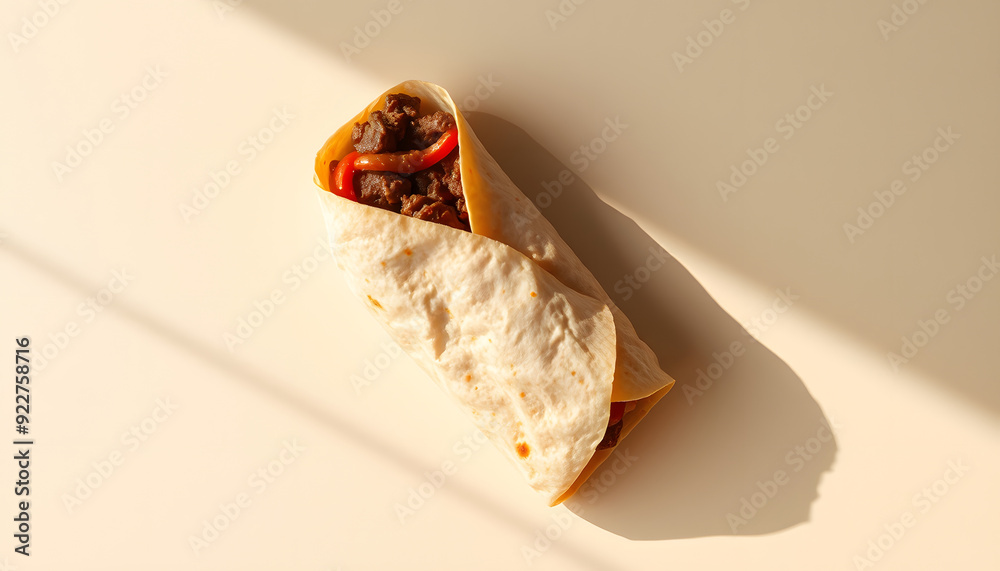 Shawarma wrap with beef on color background with hard shadow. Beef ...
