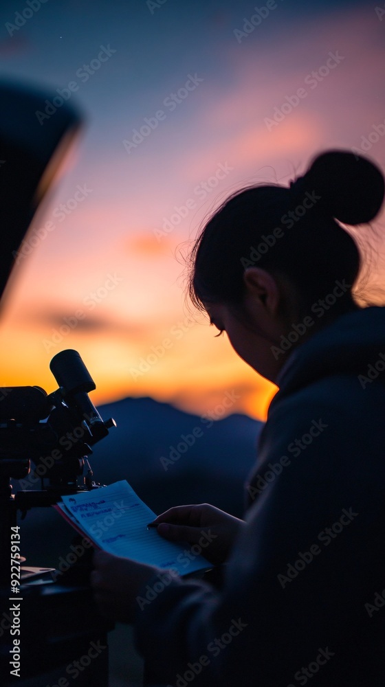 An astronomer taking notes during a nighttime observation session, with ...
