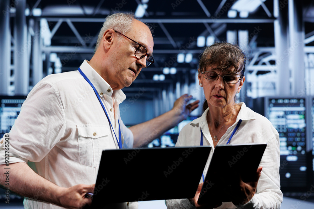 Computer scientists performing diagnostic assessments on server rigs to ...