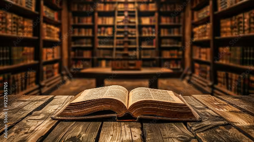 An open book on a table with a library background, symbolizing the ...