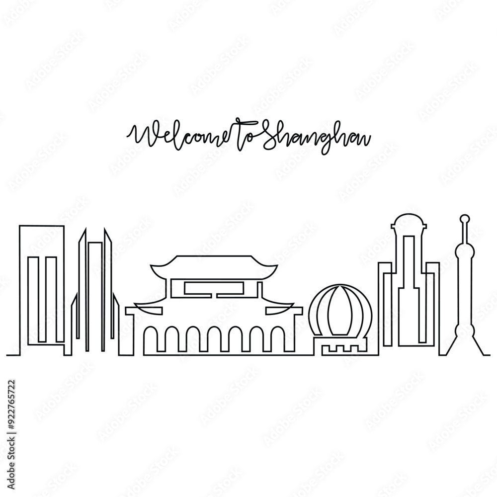 One continuous line drawing of Shanghai skyline vector illustration ...