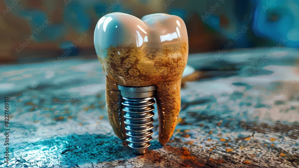 A close-up of a tooth with a silver implant screw, showing realistic ...