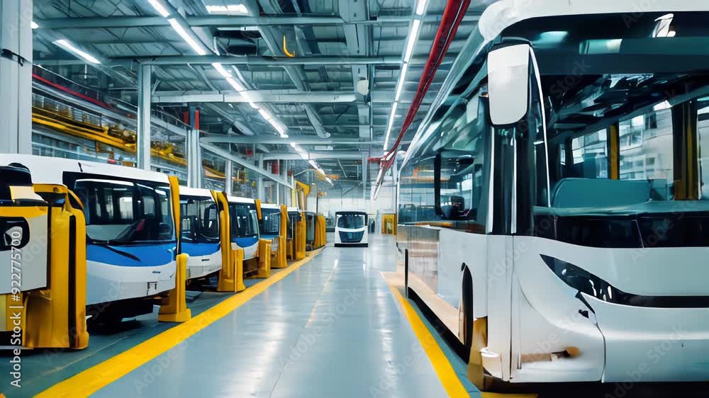 A modern bus manufacturing workshop with multiple electric buses on the ...