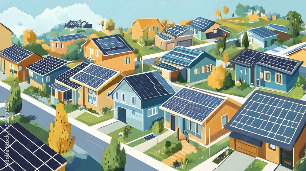 Solar-Powered Community with Green Energy - An illustration of a ...