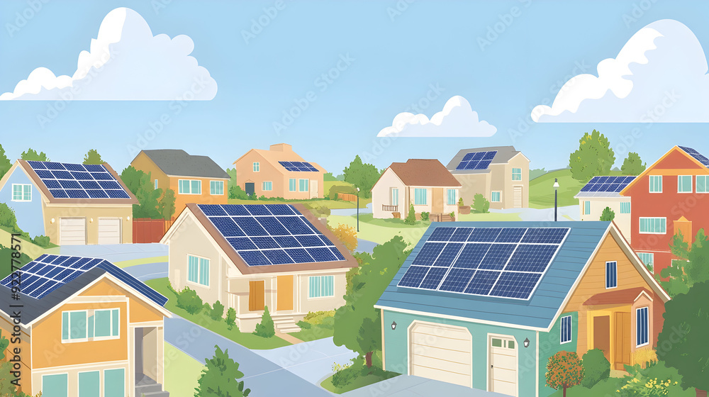 Solar-Powered Community with Green Energy - An illustration of a ...