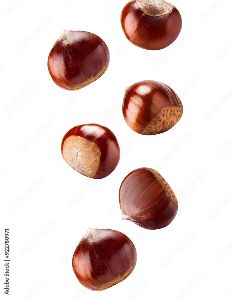 Poster Group of chestnuts falling vertically freely on white background ...
