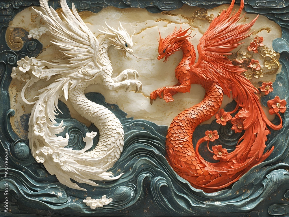 Auspicious Phoenix and Dragon: A phoenix paired with a dragon in a ...