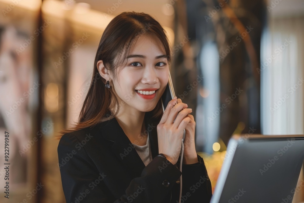 Young Asian woman hotel receptionist smiling standing, taking telephone ...