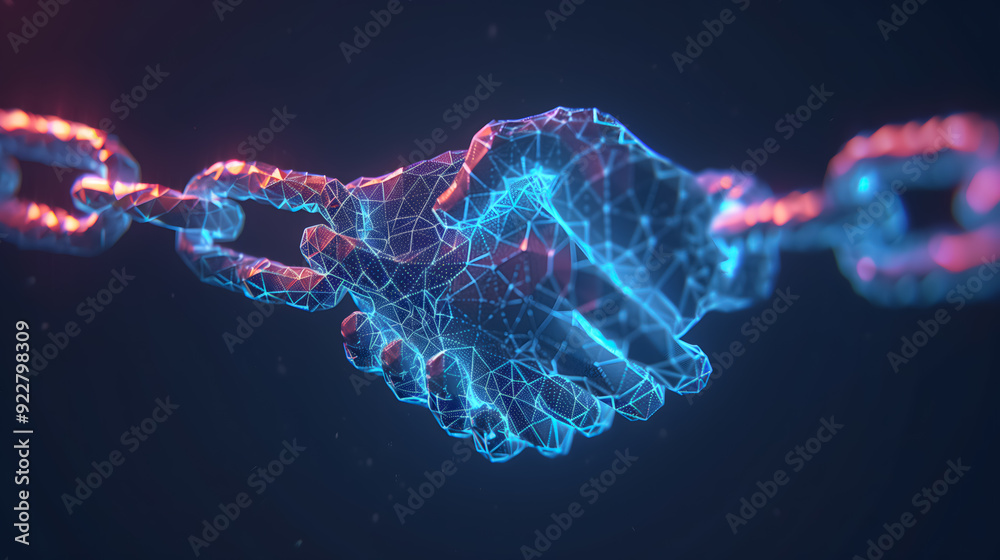 3d render of two chains ending in two hands in a handshake symbolizing ...