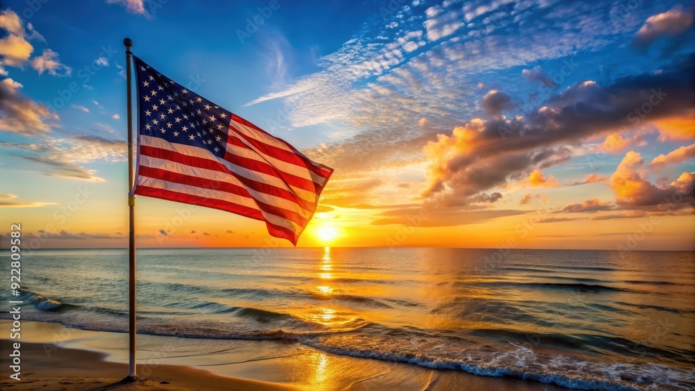 American flag waving in the sunrise over the Gulf of Mexico, American ...