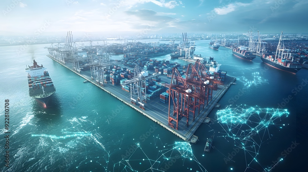 An aerial view of a smart port with automated cranes and container ...