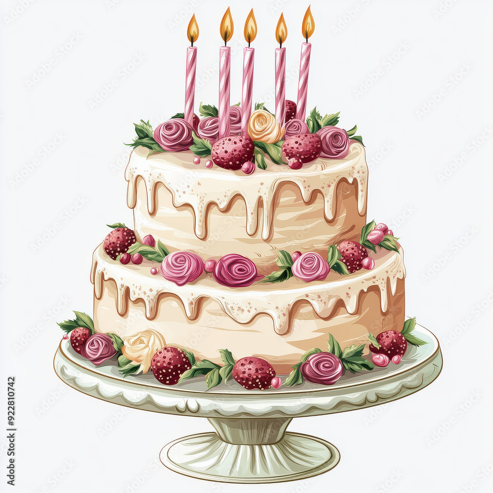 Beautiful birthday cake with candles clip art style isolated on white ...
