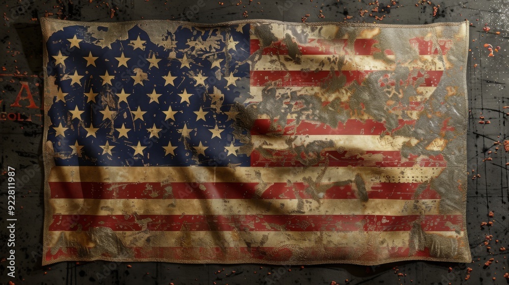A worn and tattered American flag lying down on a dark textured surface ...