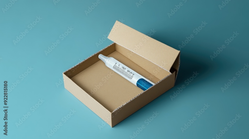 Cardboard box for a thermometer, clean and clinical design, emphasizing ...