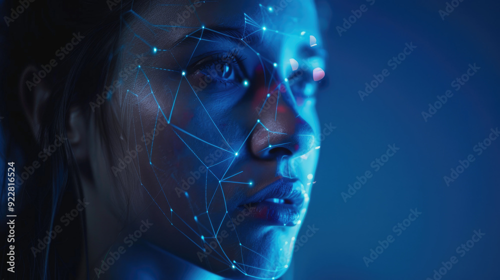 Foto de Facial recognition technology, young woman face with lines of ...