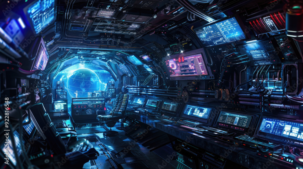 Spaceship cabin interior, cockpit with computer screens and dashboard ...