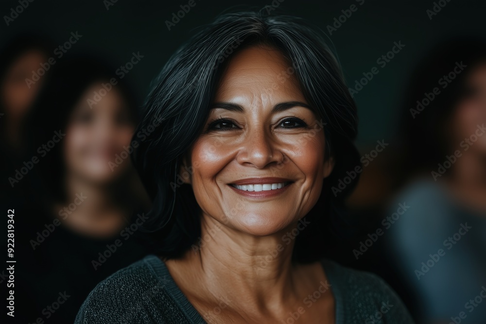 Portrait of a middle-aged Latina woman with short grey hair, smiling warmly in a softly lit ...