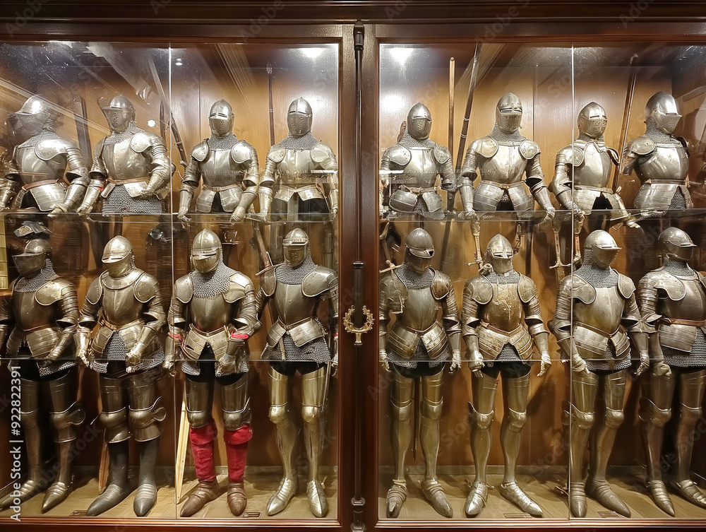 A display of armor and weapons, including swords and shields, is ...