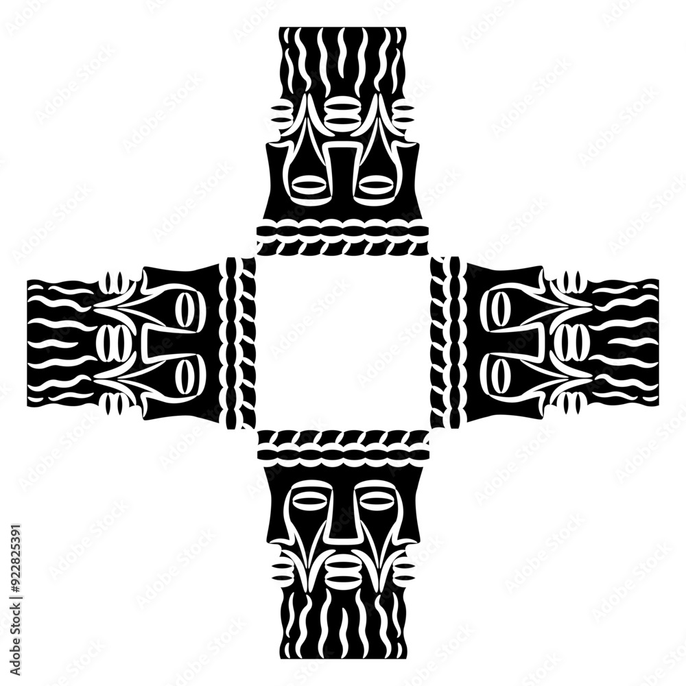 Square cross shape design or frame with four heads of Celtic god Lugh ...