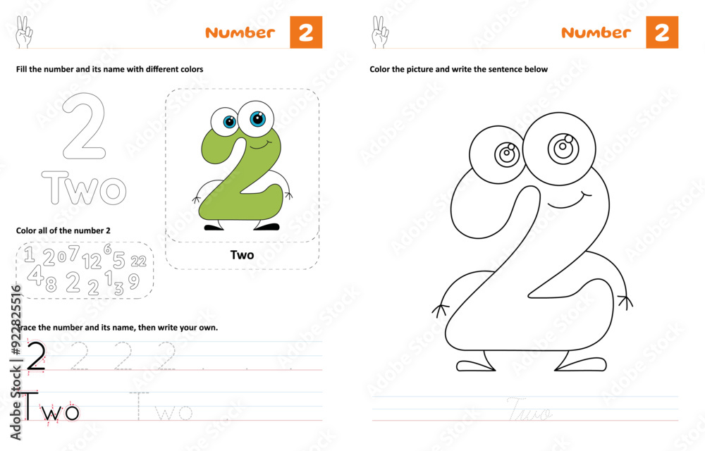 Trace and color number - 2 - worksheet - counting finger - cursive ...