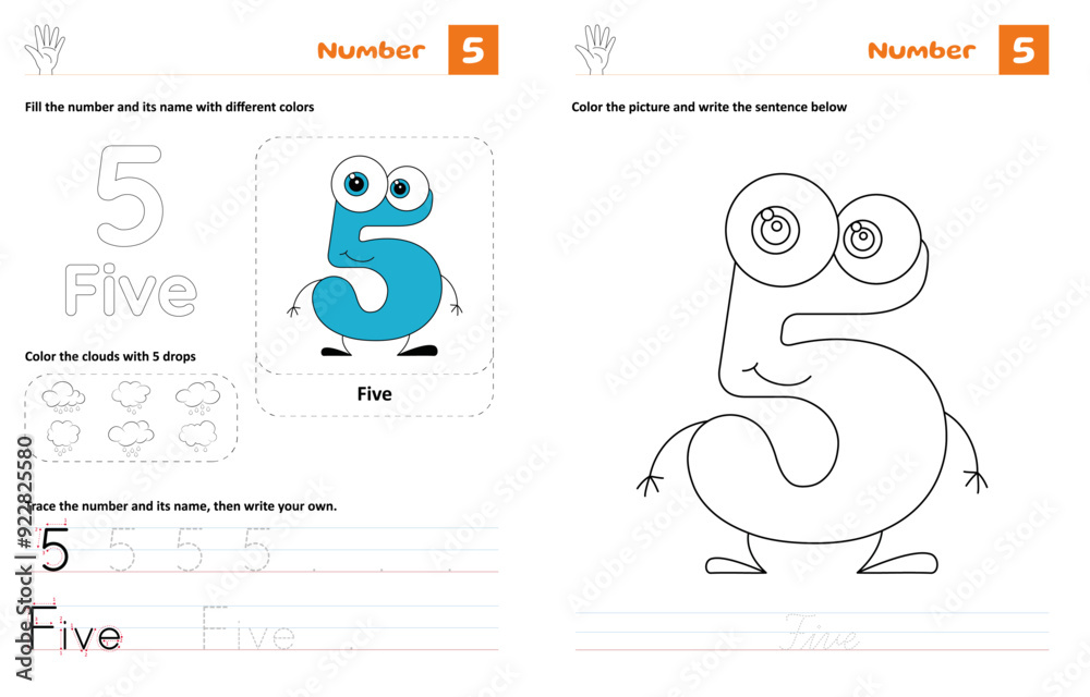 Trace and color number - 5 - worksheet - counting finger - cursive ...