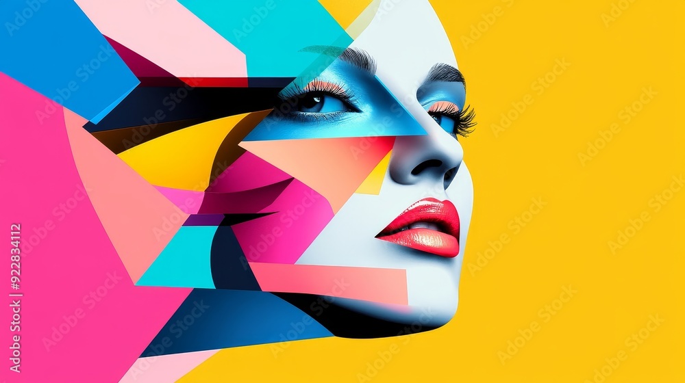 Bright, colorful pop art portrait with abstract shapes and bold lines ...