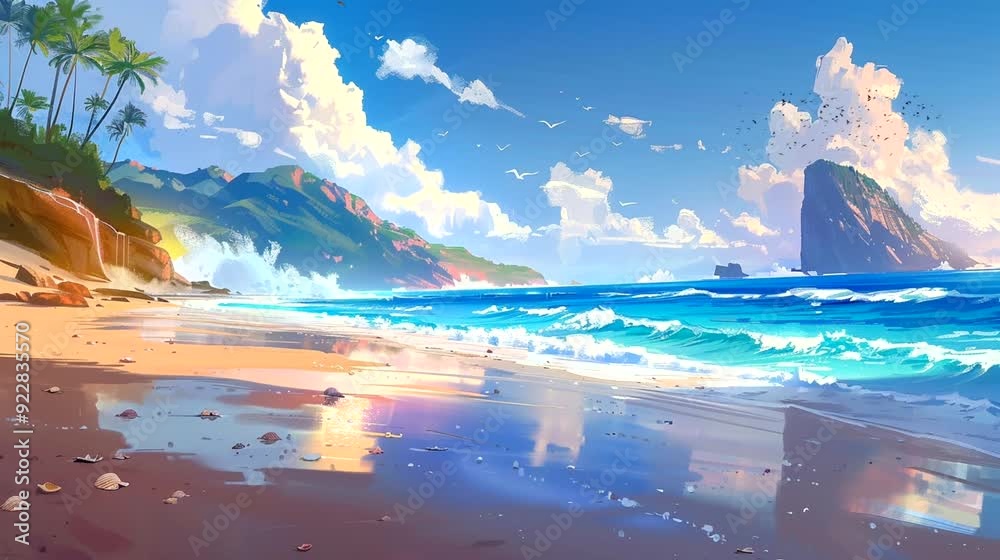 Beautiful Scenery of Golden Sandy Windy Beach with Coconut Trees and ...