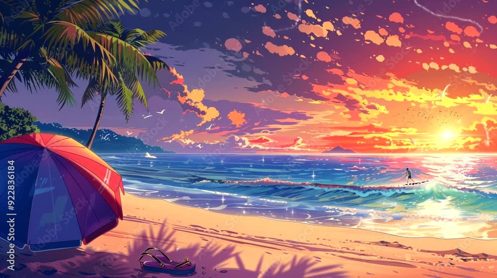 Surfing on a Wavey and Breezy Beach Under an Sunset Sky, Seamless ...