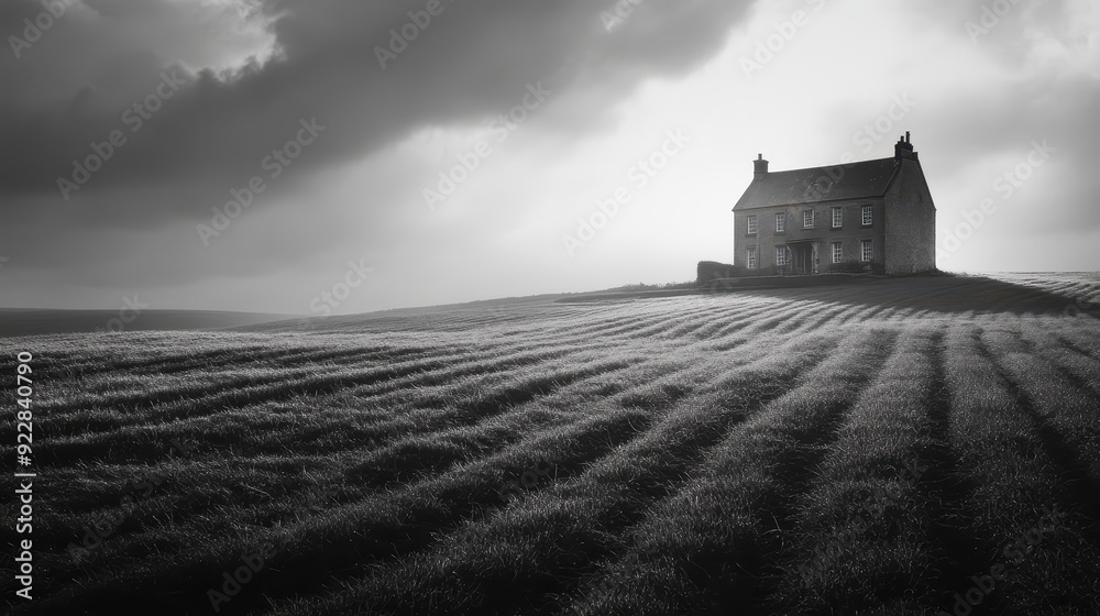 This black and white minimalistic landscape shows fields and an old ...
