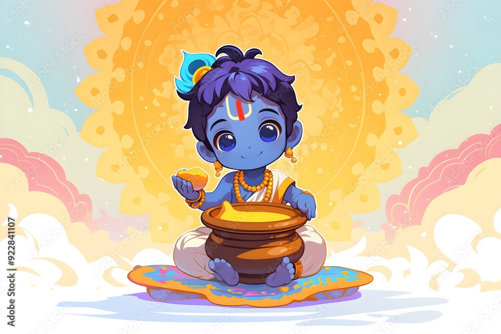 Cute little baby Krishna with Dahi Handi. Cartoon character Hindu god ...