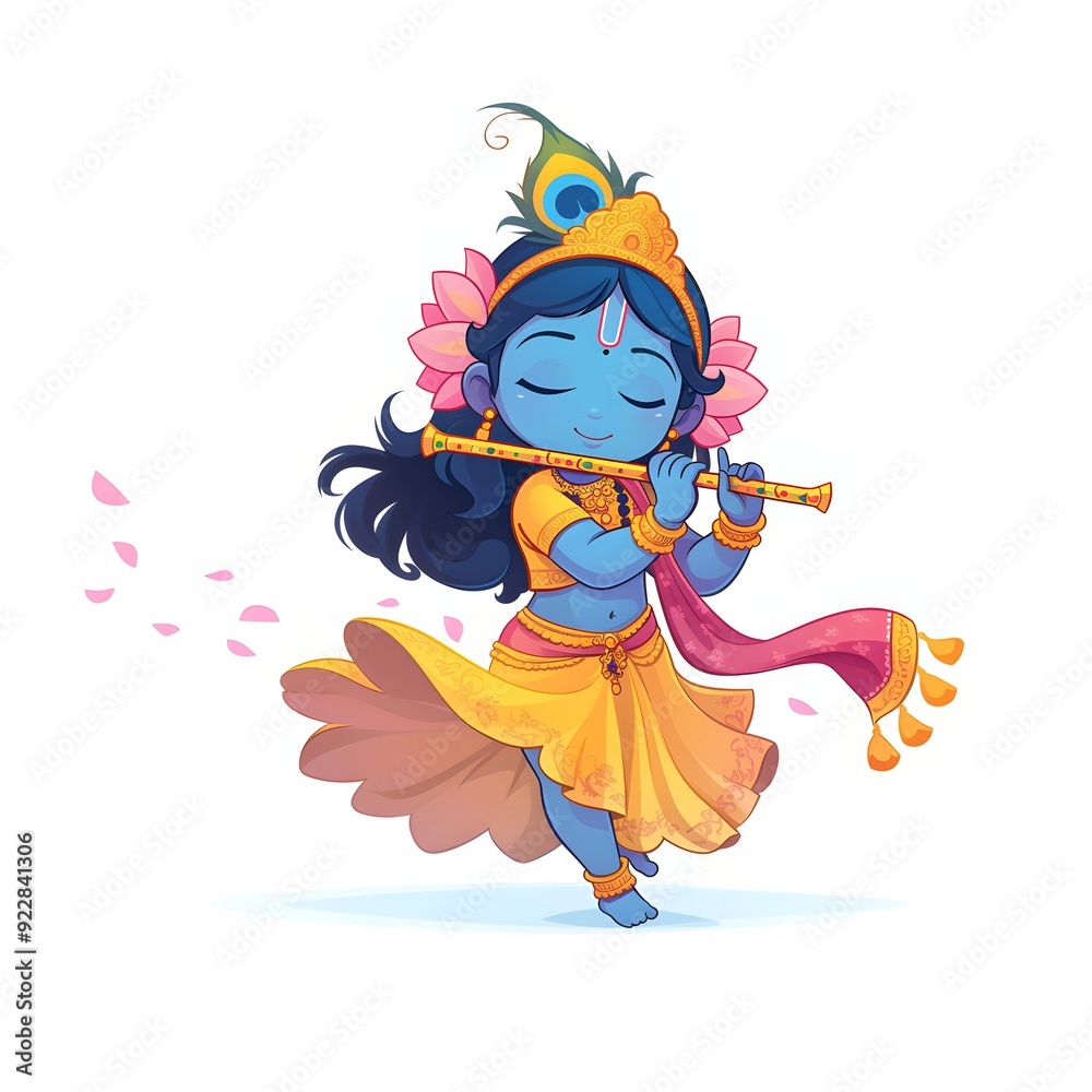 Cute little baby Krishna playing flute. Cartoon character Hindu god ...