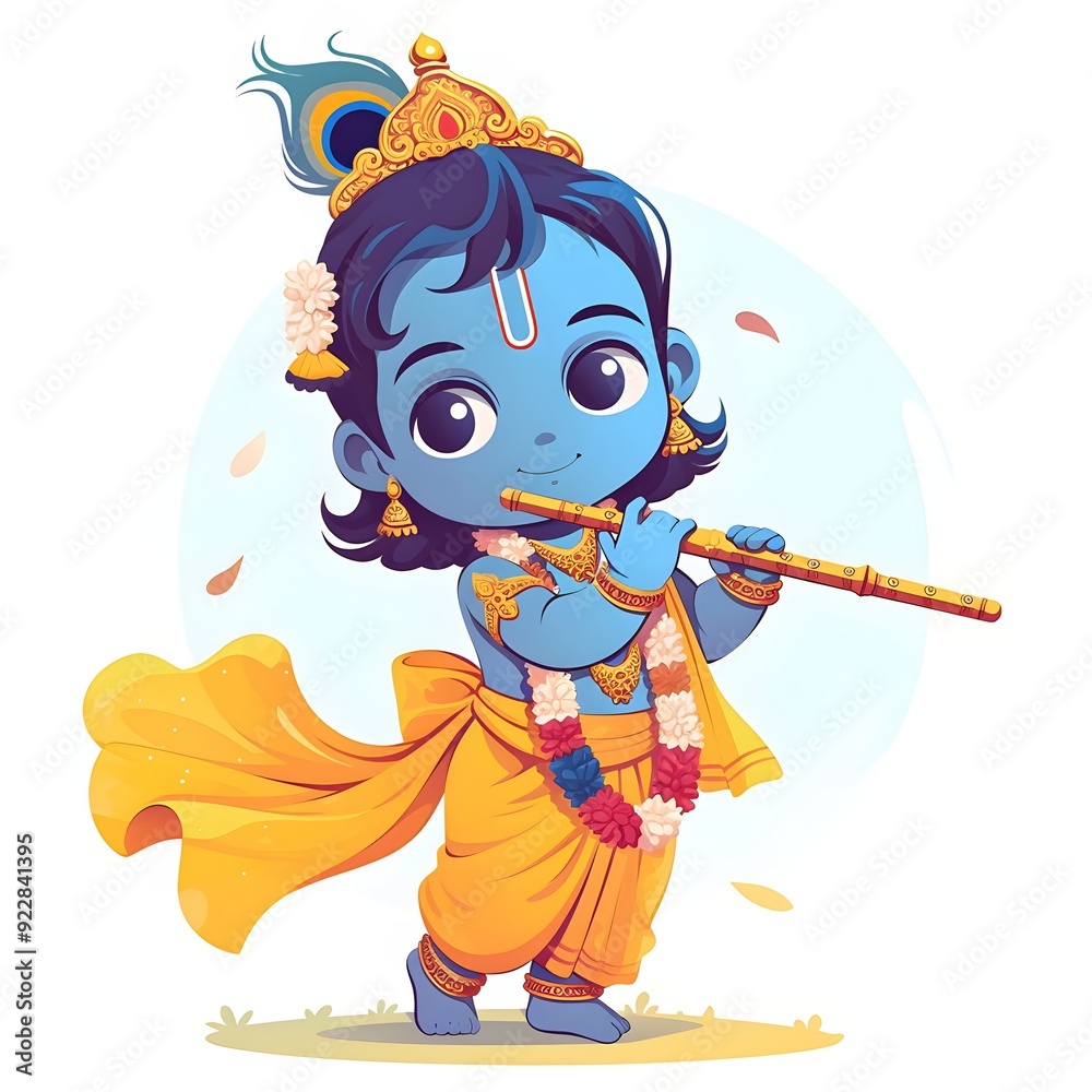 Cute little baby Krishna playing flute. Cartoon character Hindu god ...
