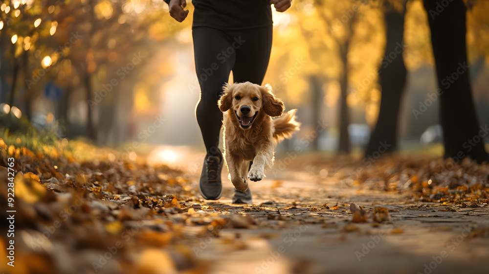 Man running with dog on forest path in mountains The path is surrounded ...