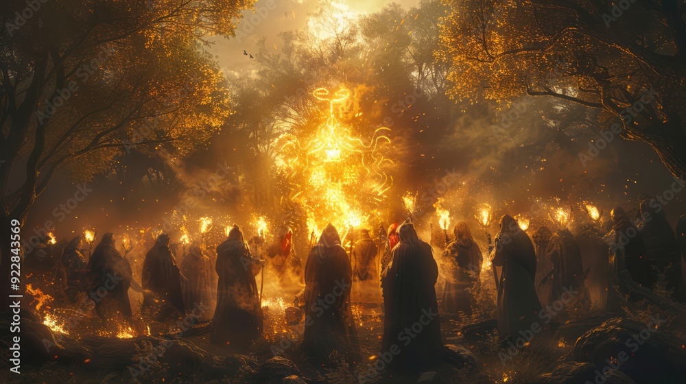 Photo & Art Print Samhain festival with traditional Celtic rituals, bonfires, and celebrations ...