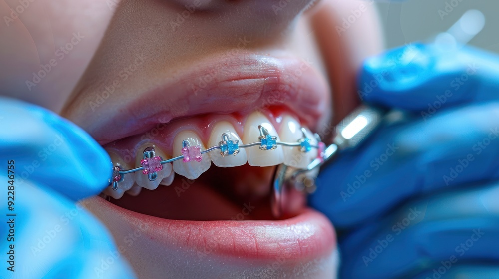 Perfect smile: orthodontic bracket or brace, highlighting dental treatment concept that aligns ...
