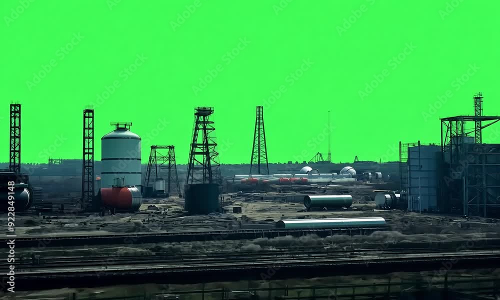 Industrial Plant with Tanks and Structures on green screen background ...