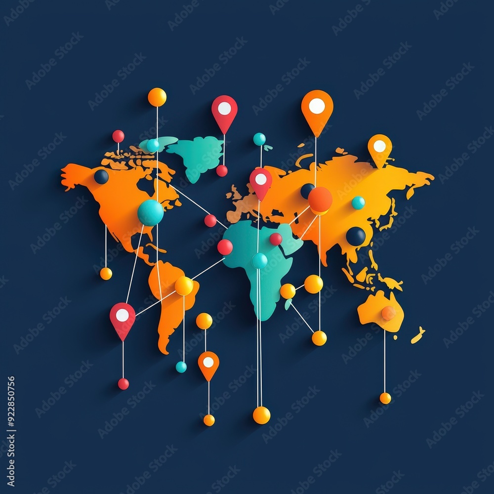 Global supply chain strategy world map with strategic pins Stock ...