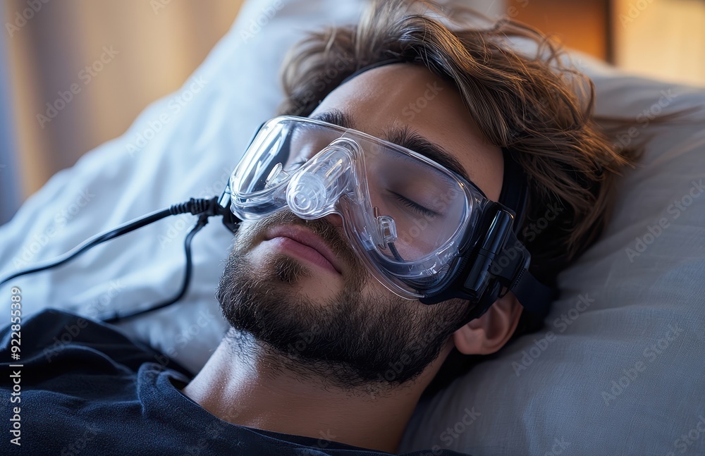 A man is sleeping in bed with an oxygen mask on his face, connected to ...