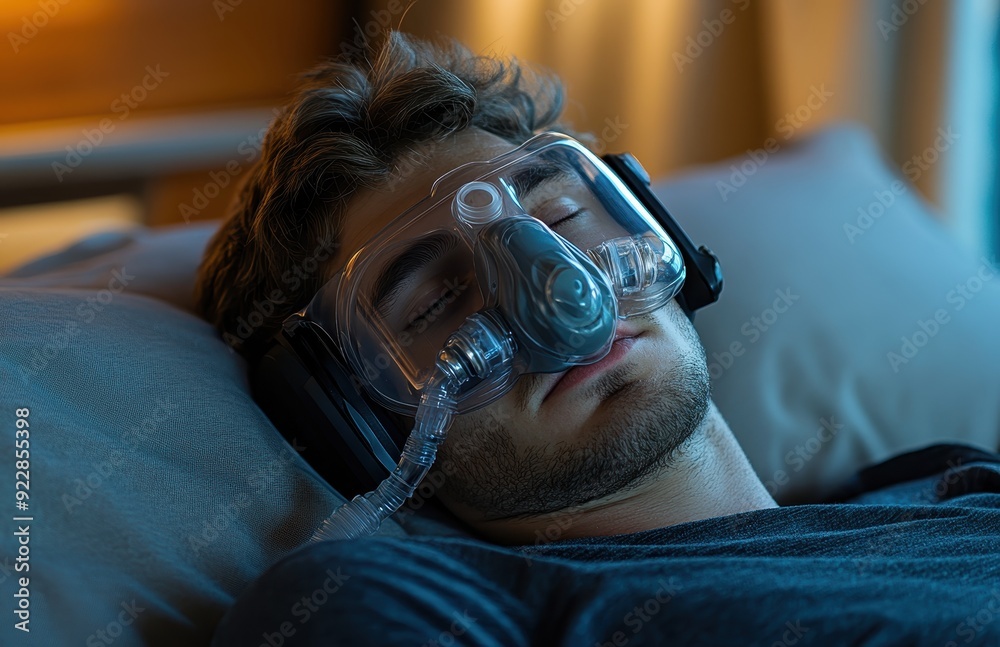 A man is sleeping in bed with an oxygen mask on his face, connected to ...