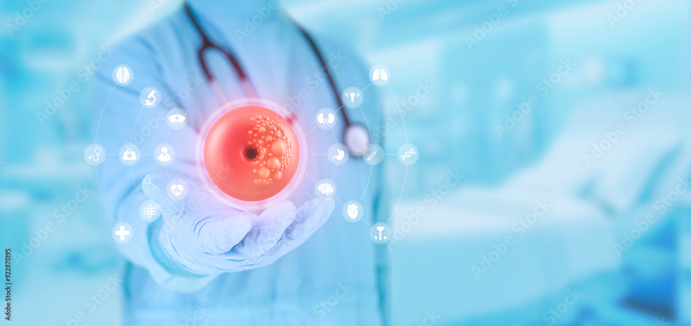 Gynecologist doctor isolated on light blue background examines the ...