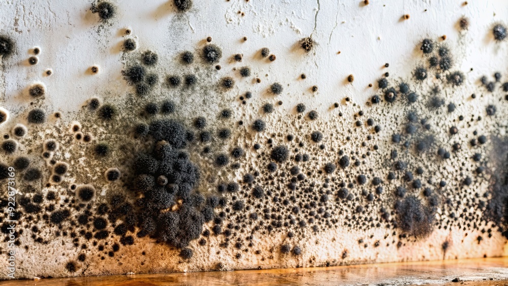 Black mold spores growing on a damp wall surface, mold, spores, fungus ...