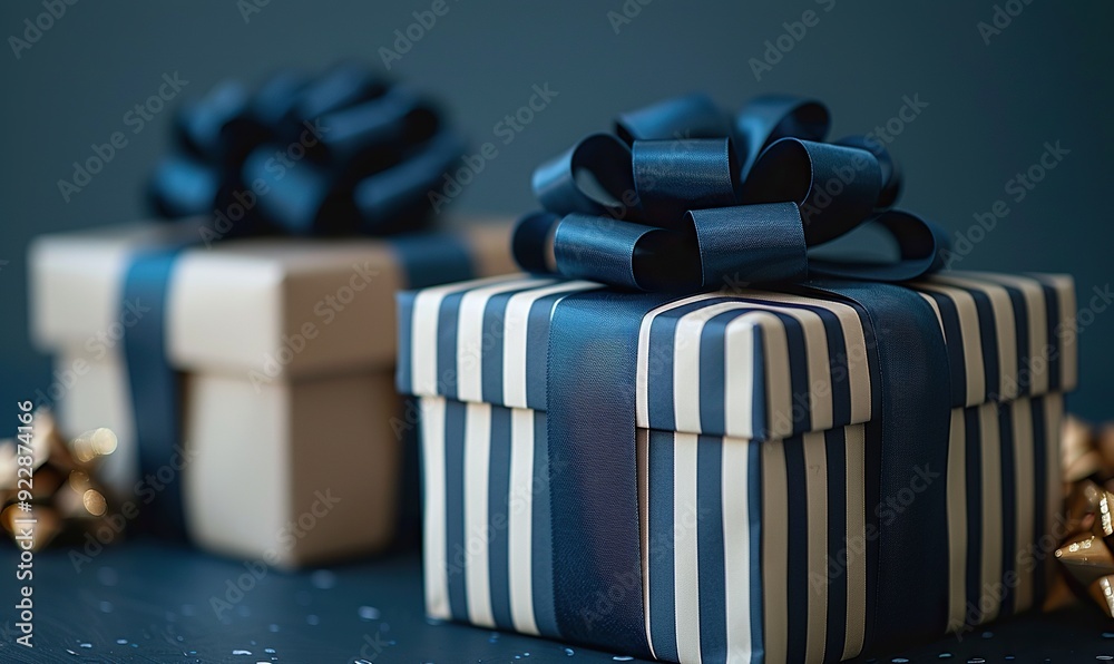 two elegant striped gift boxes with dark blue ribbons on a blue ...