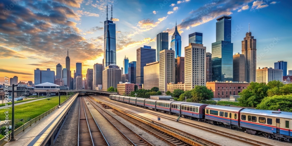 Chicago skyline with METRA commuter train at Union Station in Chicago ...