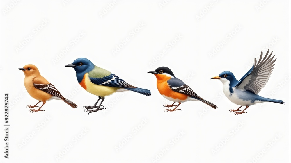 Colorful Bird Illustration, Four Birds in a Row, Detailed Wildlife Art ...