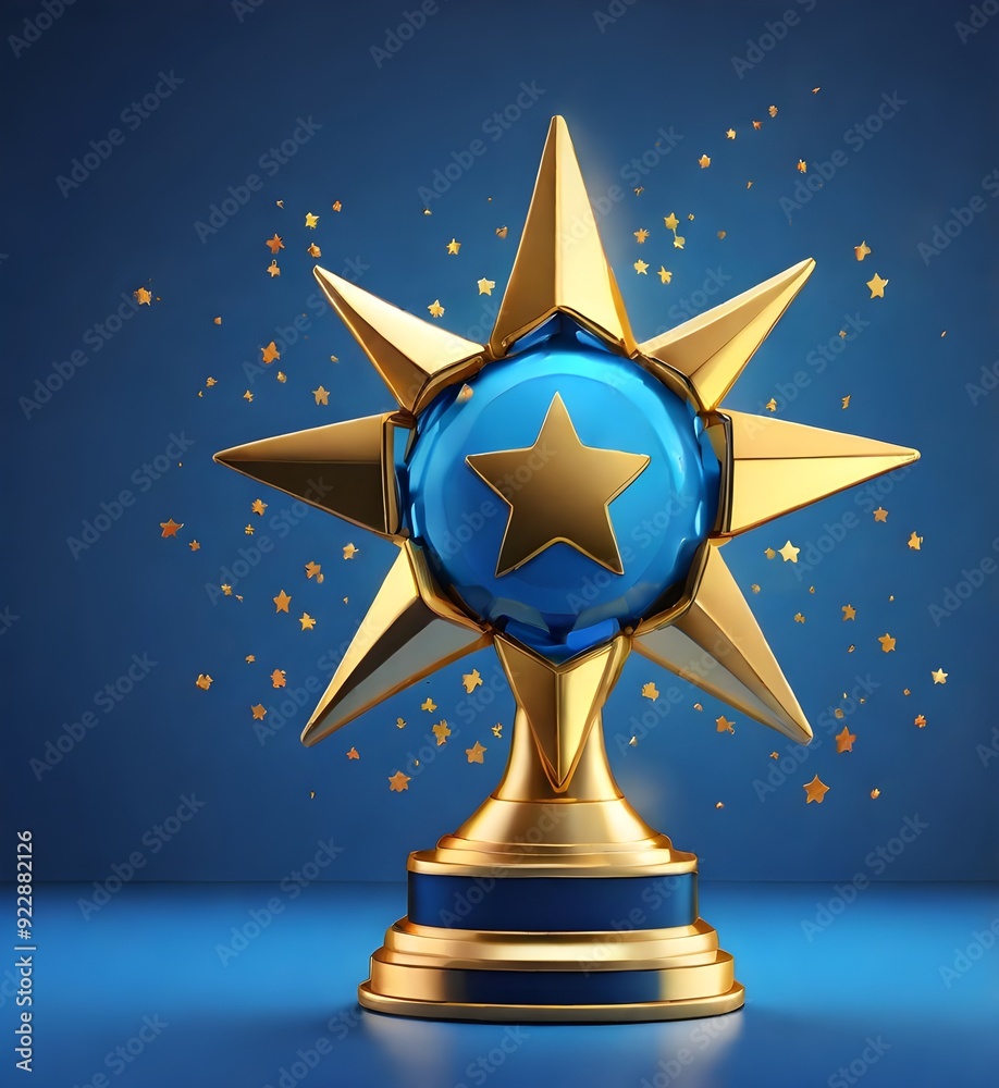 Gold star on a blue background as a reward. First place in a computer game. Top Performance ...