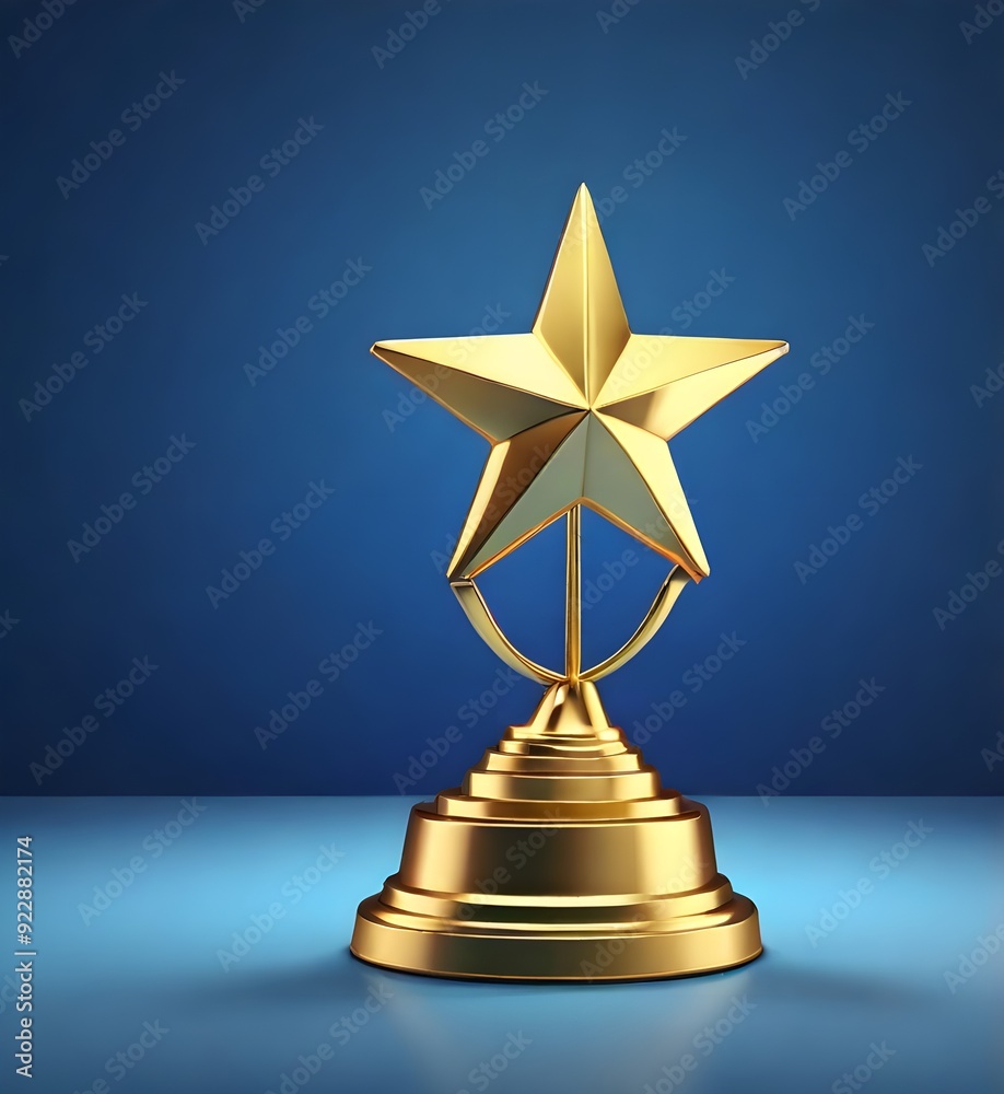 Gold star on a blue background as a reward. First place in a computer game. Top Performance ...